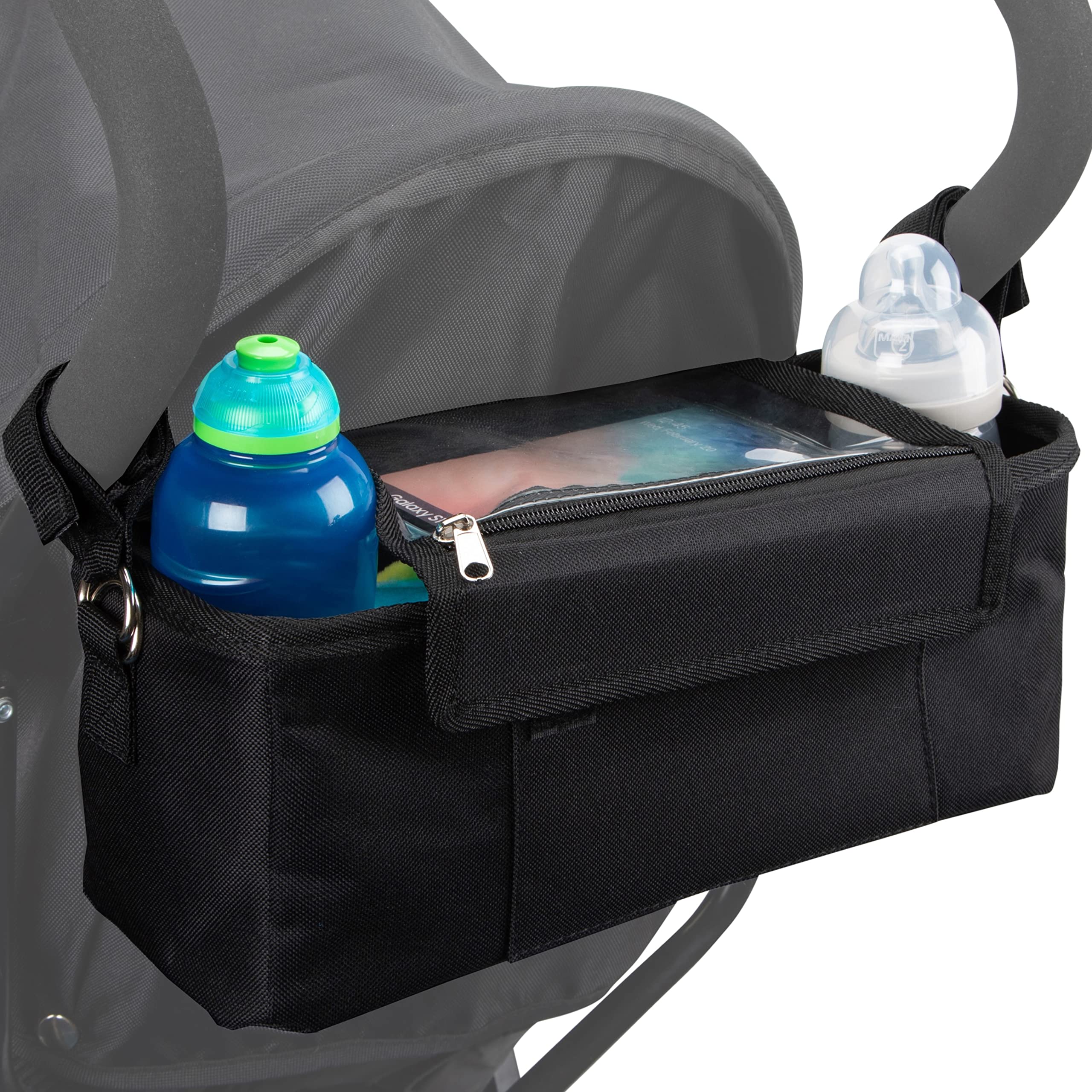 BTR Baby Stroller Organizer with Drink and Cup Holders, 2 Extra Stroller Hooks, Waterproof Cover, Shoulder Strap, Zipped Pocket. Fits all Strollers