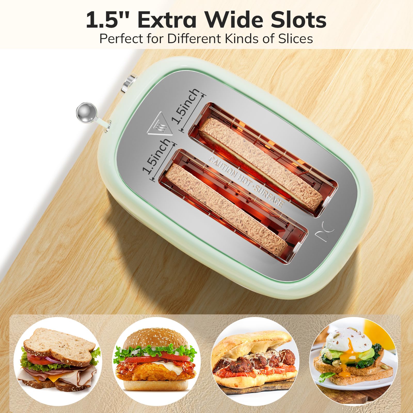 2 Slice Toaster Retro Stainless Steel Toaster with Bagel, Cancel, Defrost Function and 6 Bread Shade Settings Bread Toaster, Extra Wide Slot and Removable Crumb Tray (Green)