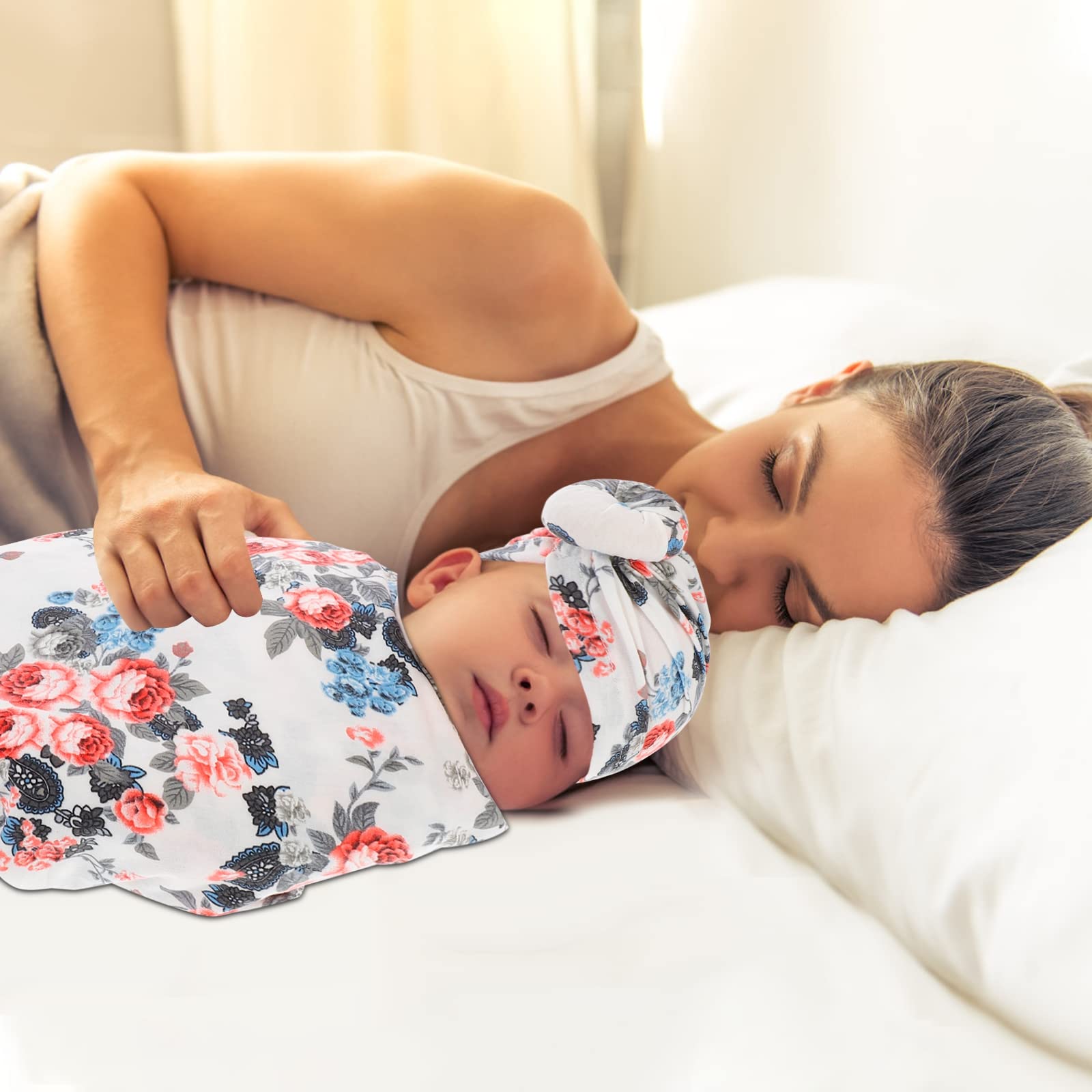 KESYOO 1 Pack Baby Swaddle Blanket with Newborn Beanie Hat Cotton Floral Receiving Blanket Wrap Bow Headband for Infant Boy Girl