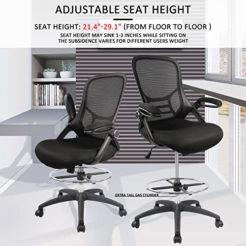High-Back Mesh Ergonomic Drafting Chair Tall Office Chair Standing Desk Stool with Adjustable Foot Ring and Flip-Up Arms (Black)