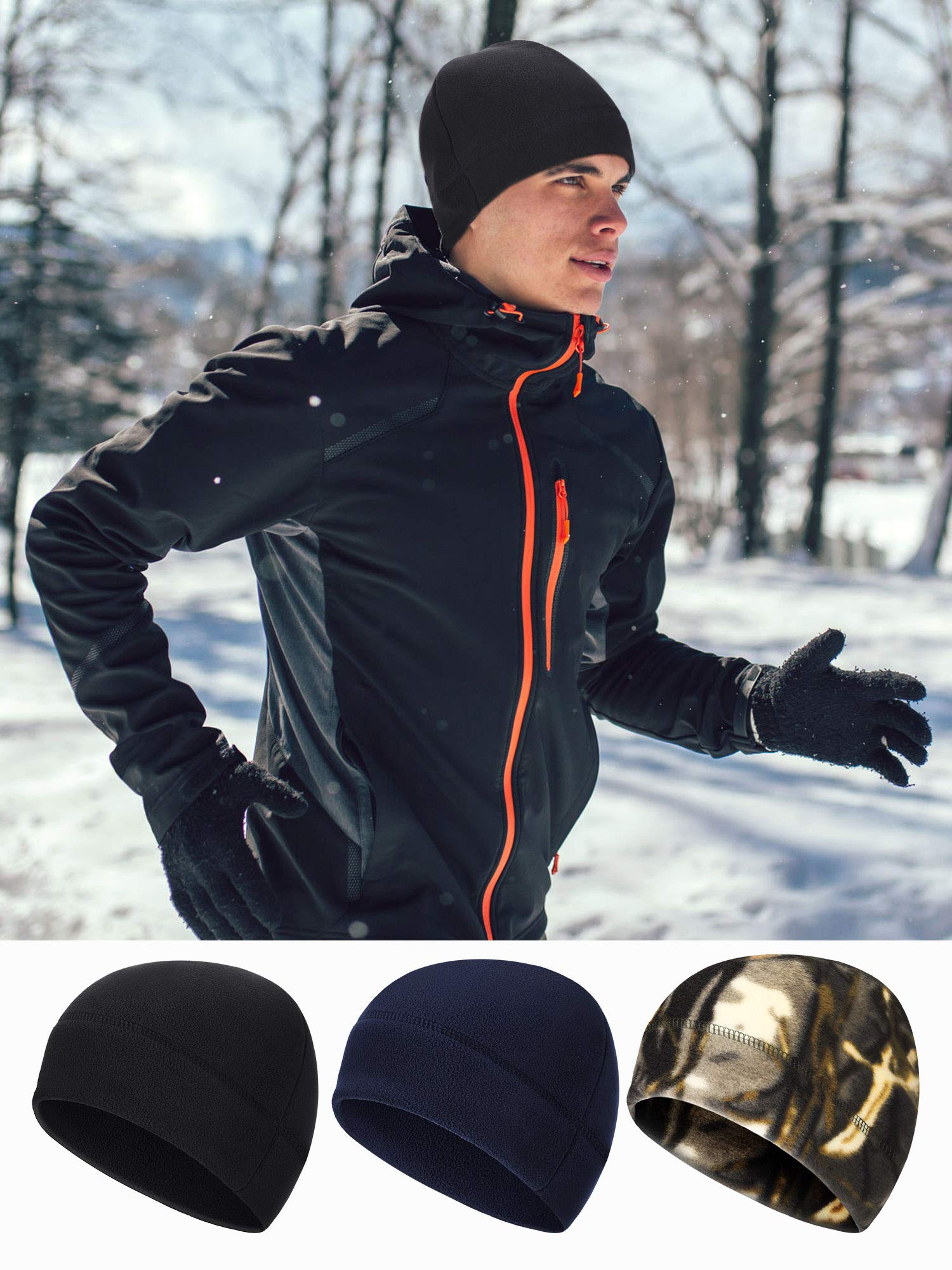 3 Pieces Winter Warm Skull Cap Soft Polar Fleece Beanie Hat Thick Windproof Watch Cap Skiing Outdoor Cap for Men Women (Dark Blue, Black, Camouflage)