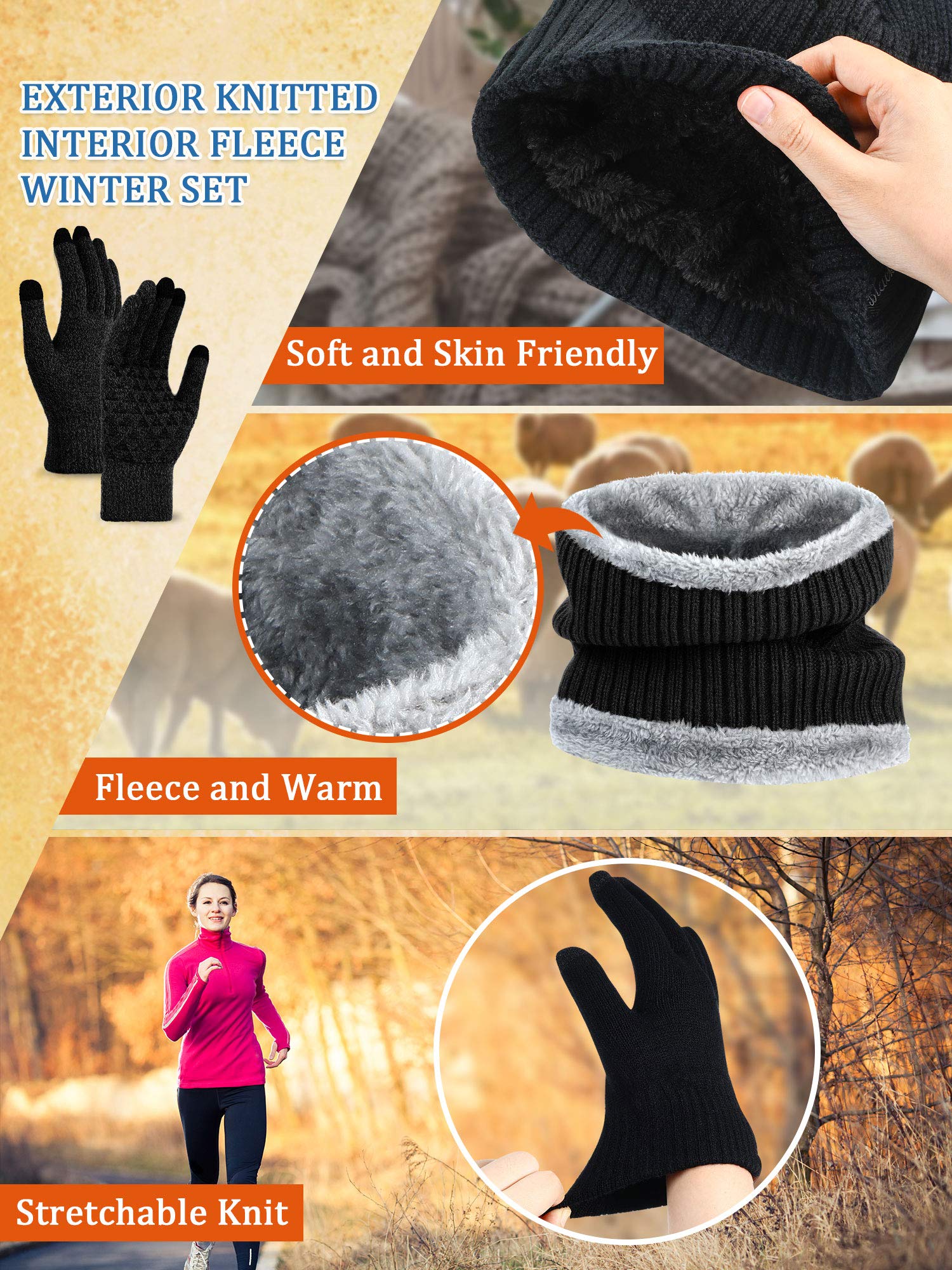 3 Pieces Winter Warm Set Beanie Hat Scarf Touchscreen Gloves (Black)