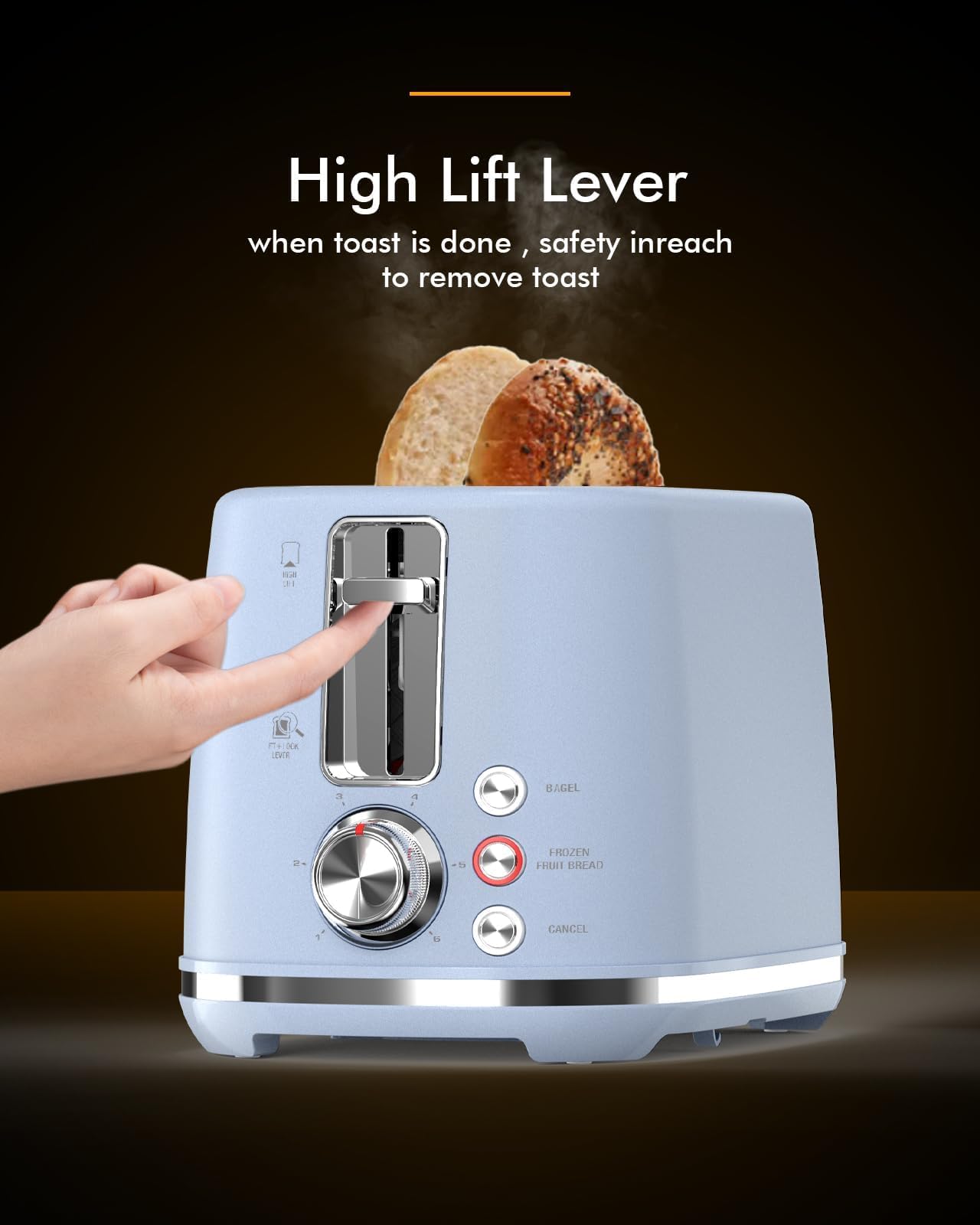 2 Slice Toaster, Wide Slots, Auto-Off, & Frozen Modes for Toast, Bagels, Waffles & Fruity Breads, Modern Sleek Design, Easy-Clean Crumb Tray, Pastel Blue