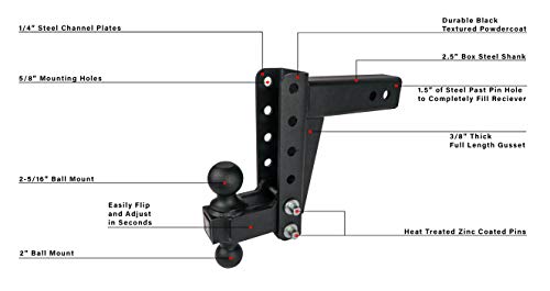 BulletProof Hitches⢠2.5" Adjustable Medium Duty (14,000lb Rating) 6" Drop/Rise Trailer Hitch with 2" and 2 5/16" Dual Ball (Black Textured Powder Coat)