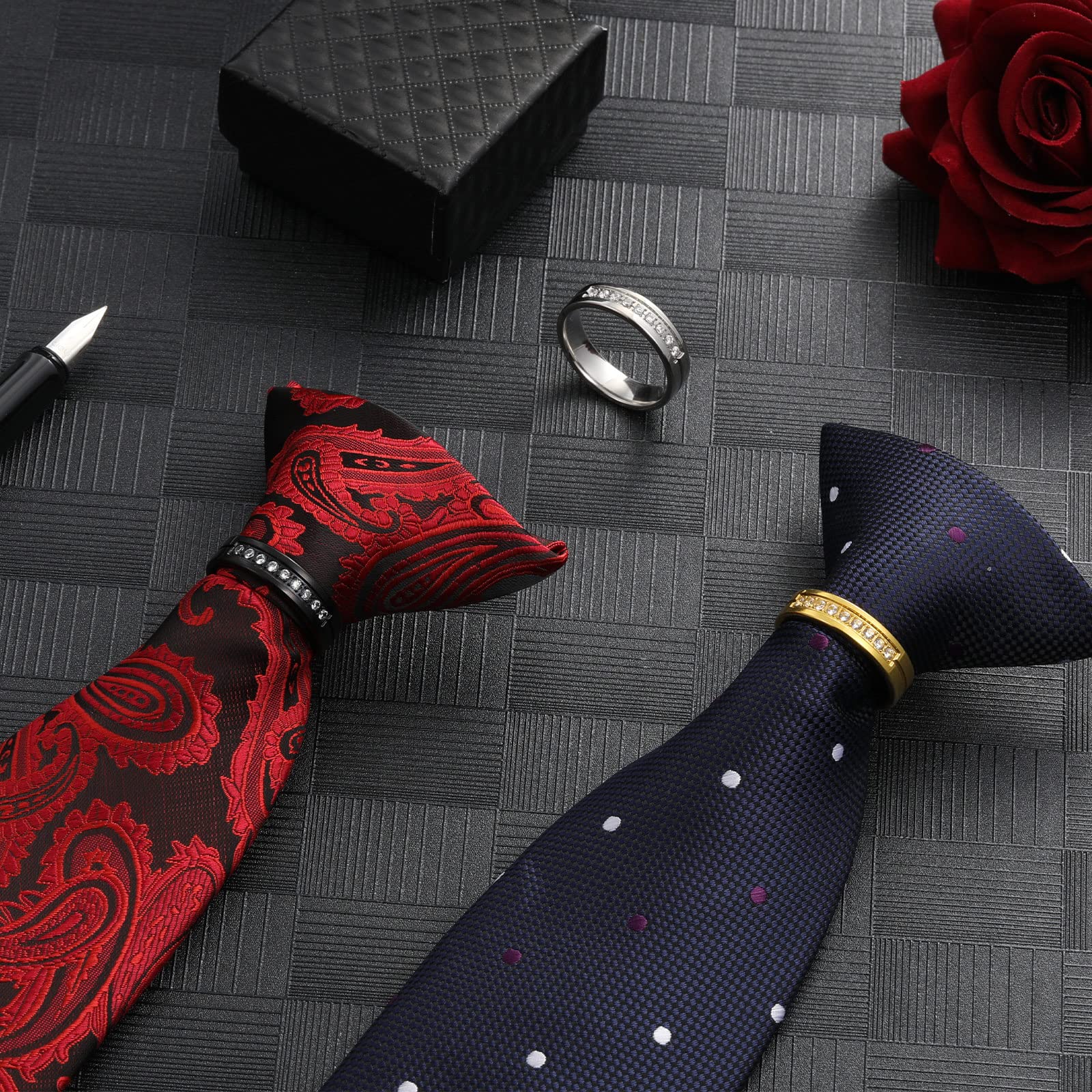 3 Pcs Men's Tie Ring Tie Clasp Necktie Ring for Neck Ties Solid Tie Tacks Accessories with Box for Wedding Jewelry Gift (Stylish Diamond Style)