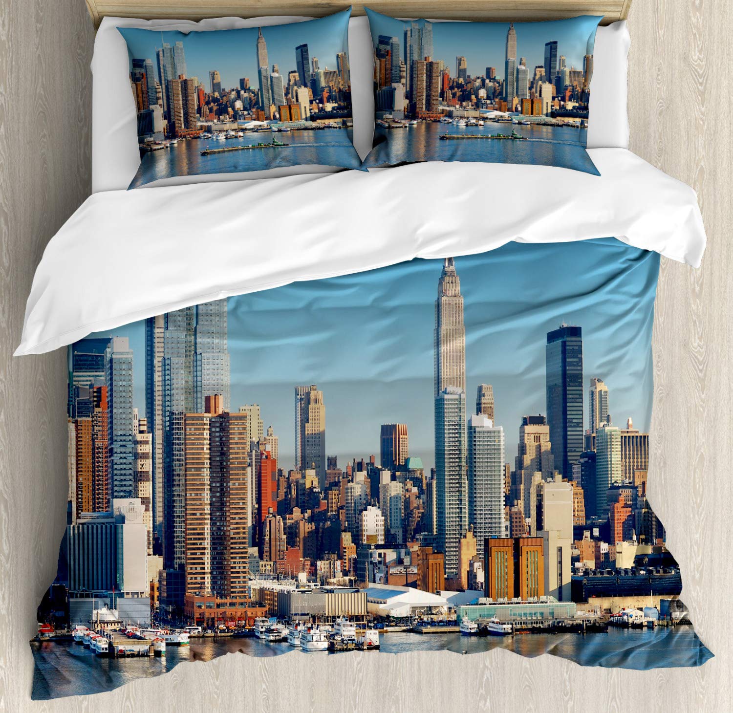 Ambesonne New York Duvet Cover Set, Photography of Urban City Skyline Manhattan with Building Over River Panorama Print, Decorative 3 Piece Bedding Set with 2 Pillow Shams, California King, Blue Grey
