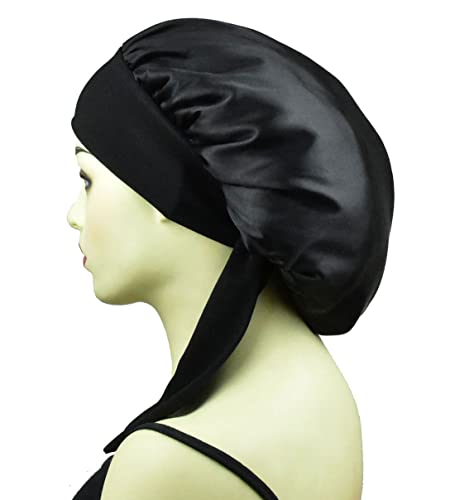 Silk Bonnets Satin Bonnet for Women Curly Hair Covers Large Sleep Hair Bonnets Sleeping Night Cap Silk Bonnet with Tie Band Black