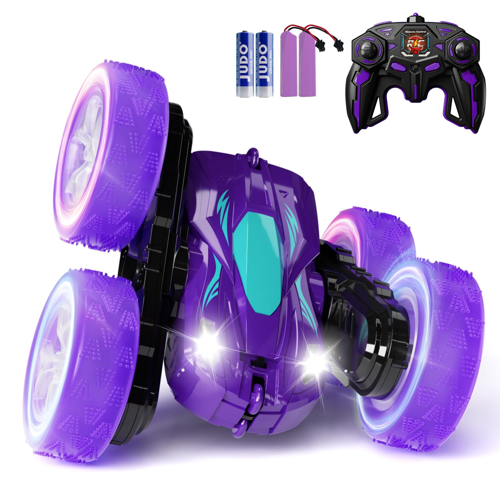 28β Remote Control Car for Boys, Drift High Speed RC Cars, 4WD 2.4Ghz Rechargeable RC Truck with Double Sided 360 Flips and Headlights Wheel Lights, Off-Road Stunt Toy Car for Kids Boy Girls (Purple)