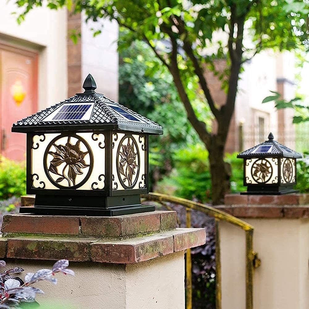 BOOHR Solar Post Lights, Chinese Pillar Light, 2-Color Adjustable, IP65 Waterproof Outdoor Post Lamp for Home Garden Courtyard Villa