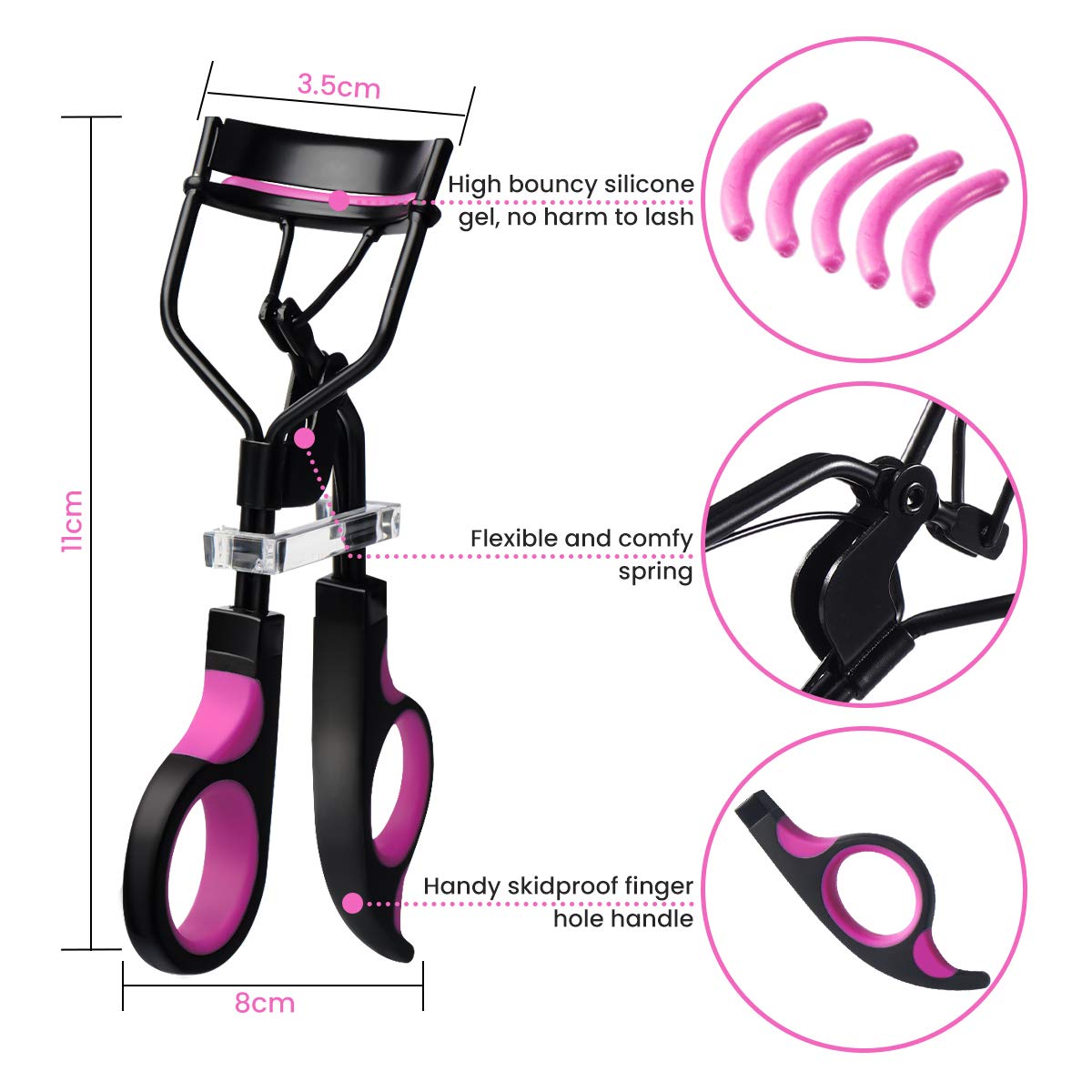 Eyelash Curler, HOCOSY 4 in 1 Eyelash Curlers Kit for Women Includes Lash Curler, Eyelash Brush, Eyelash Extension Tweezers, Eyebrow Brush and Comb, Silicone Refill Pads for Natural Eyelashes
