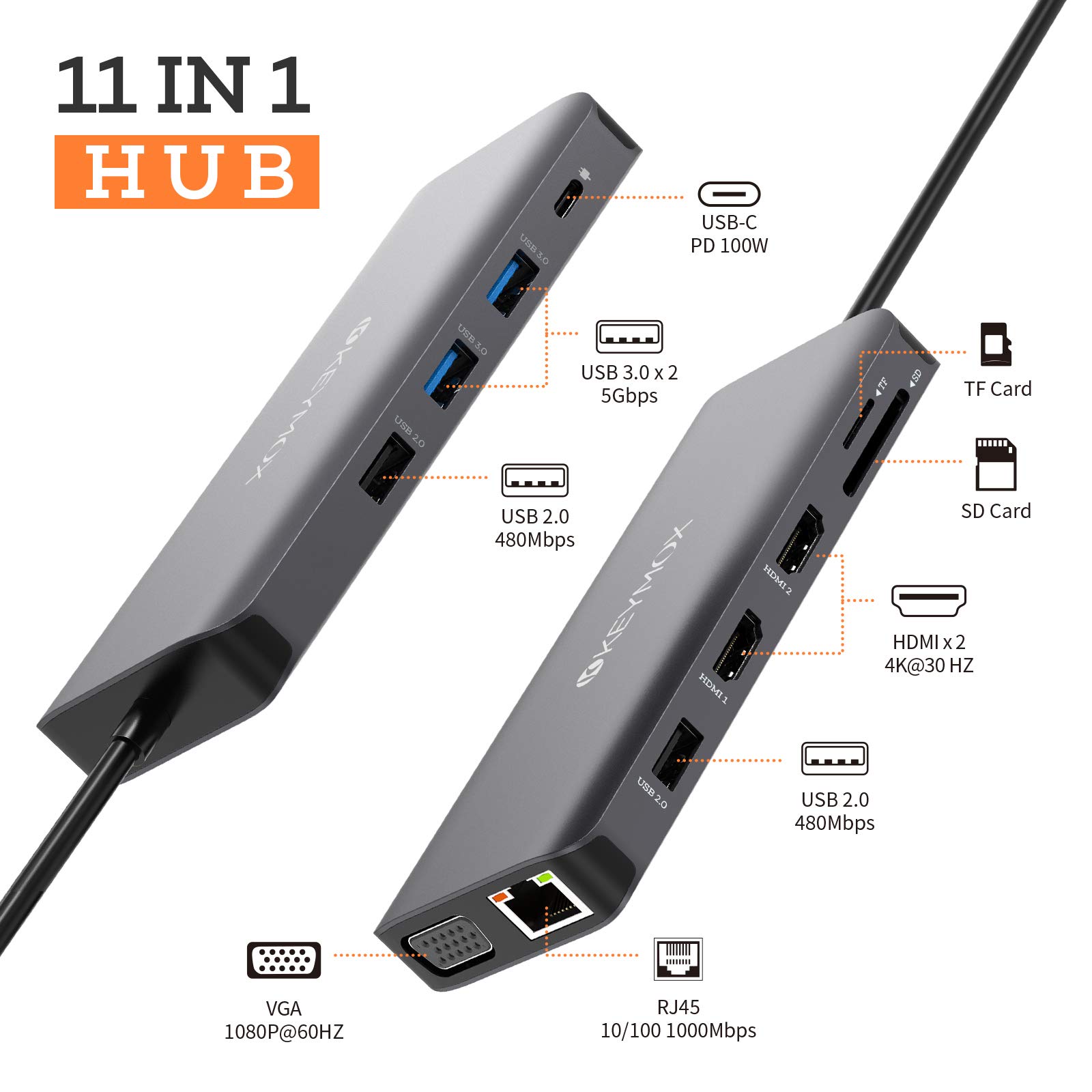 KEYMOX USB-C Laptop Docking Station, USB-C Hub, 11in1 Triple Display (Dual 4K HDMI&VGA) Type-C Adapter for HP Dell MacBook Pro and Windows (1Gbps Ethernet LAN, 100W PD, 4 x USB, SD TF Card Reader)