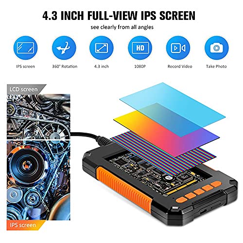 8MM Inspection Borescope Camera, 4.3inch Screen, IP67 Waterproof, 1080P Endoscope Snake Camera, Semi-Rigid Cable, 8 LED Lights(5M/16.4FT Cable)