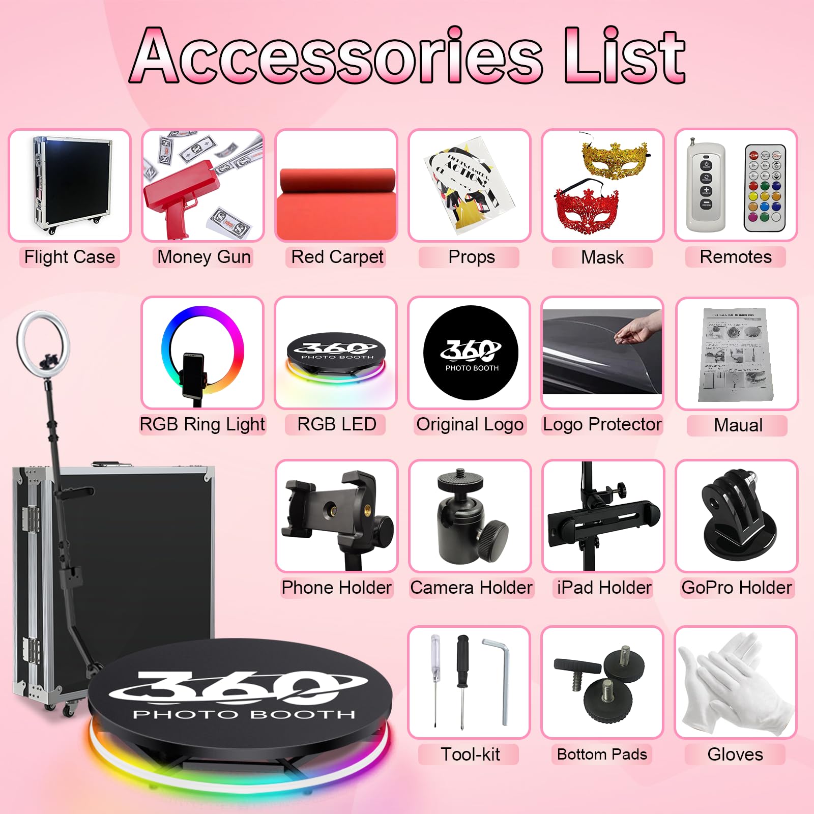 360 Photo Booth Machine with Flight Case, Infinity Glass 360 Camera Booth Free Custom Logo Remote Control 360 Degree Automatic Rotating (39.4in with Flight Case)