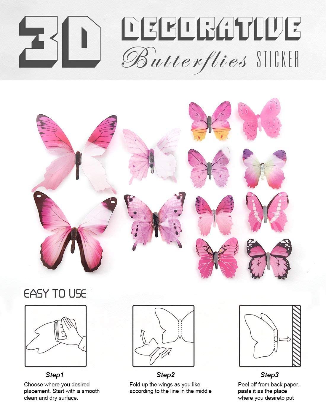60pcs Butterfly Wall Decor, Plastic Fake Butterflies Wall Art Artware Decorations for Birthday Wedding Christmas Party Decorations, Cake Decorations, Removable Stickers