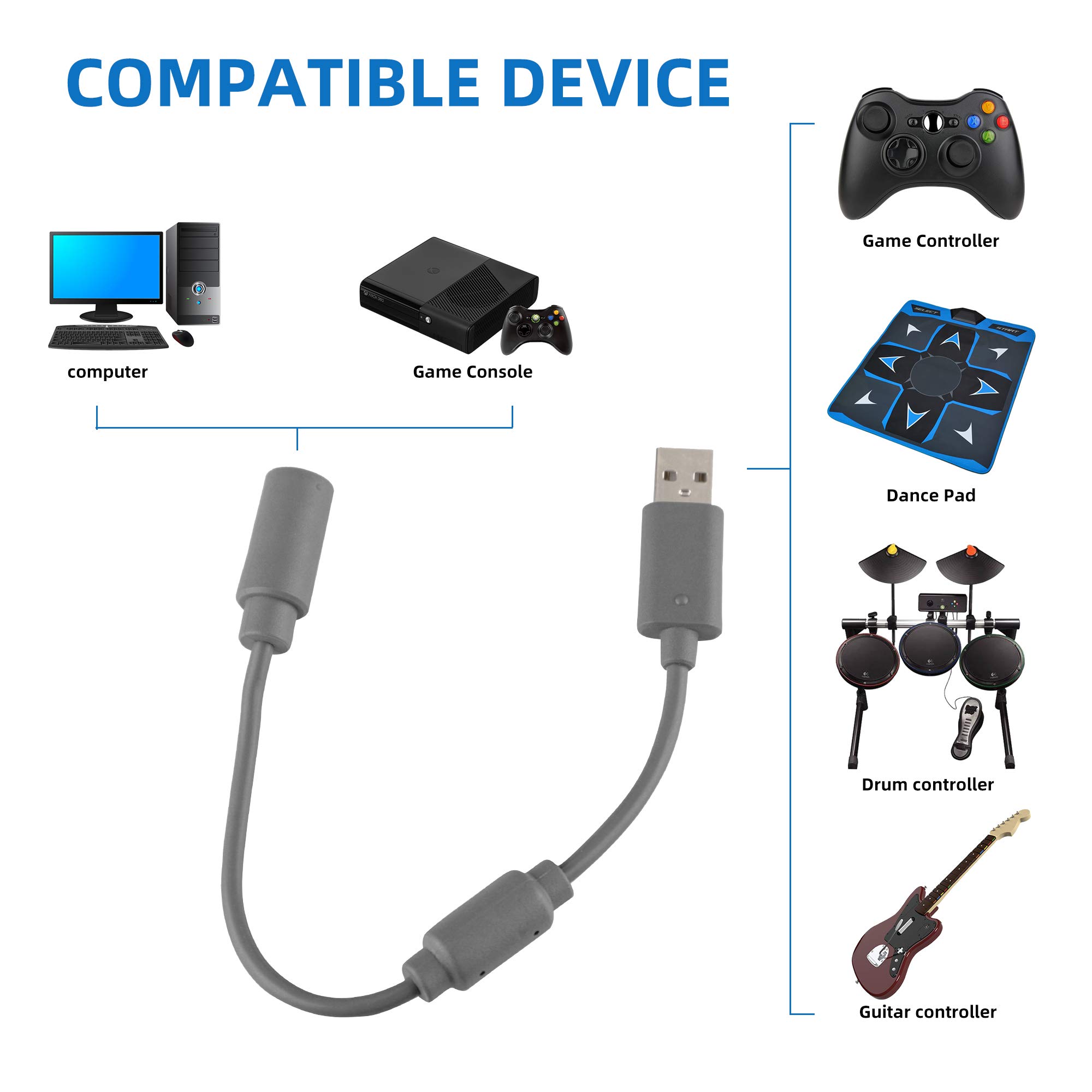 2 Pack Breakaway Adapter Cable for Xbox 360, Replacement Dongle USB Breakaway Cable for Microsoft Xbox 360 Wired Controllers
