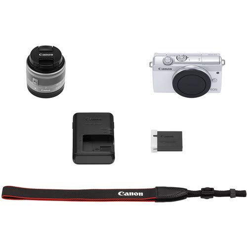 Canon EOS M200 4K Mirrorless Digital Camera (White) with 15-45mm STM Lens + Deluxe Accessory Bundle Including Sandisk 32GB Card, Camera Case, Flash, Grip Multi Angle Tripod, 50" Tripod, Filters & More