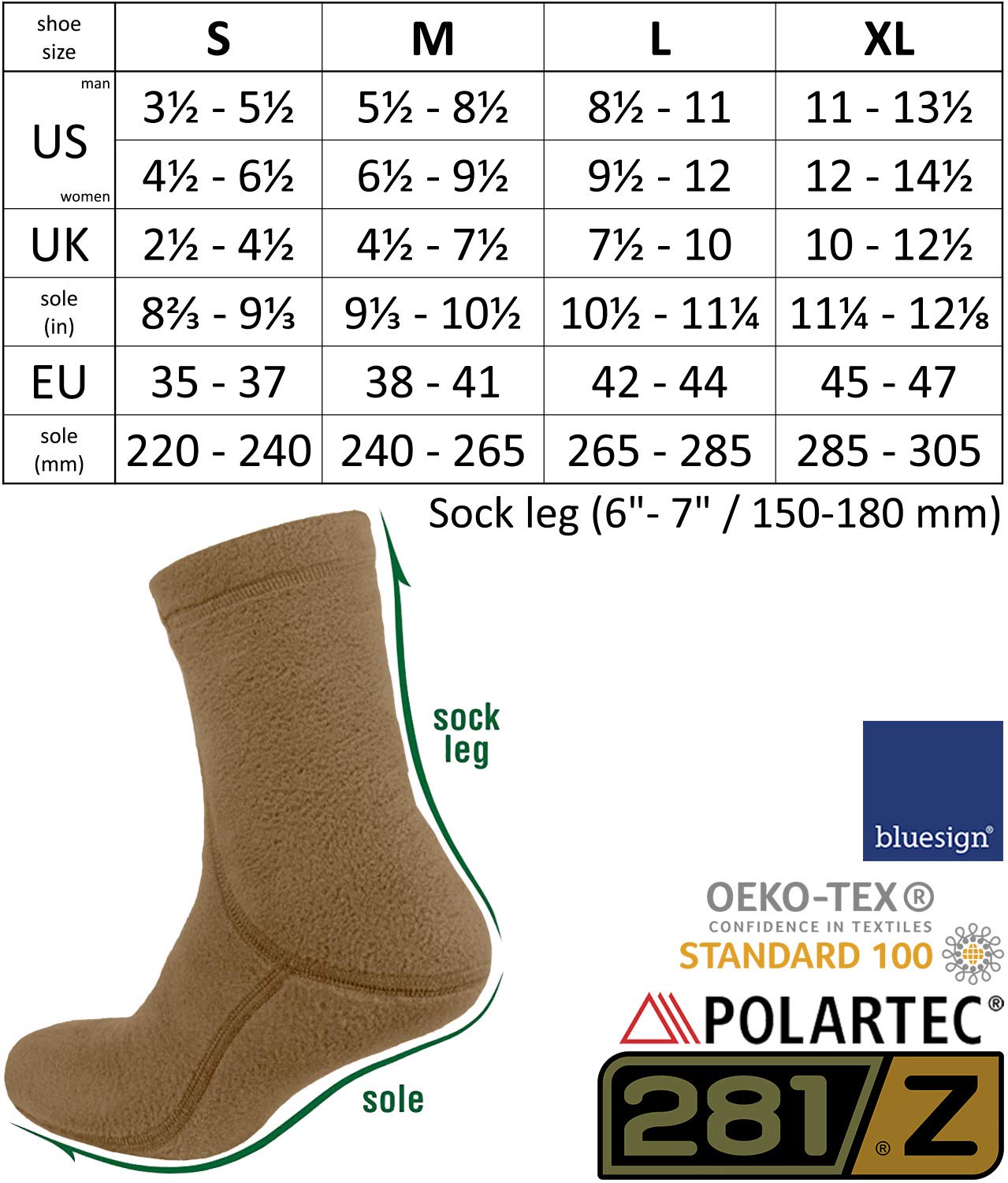281Z Hiking Warm 6 inch Boot Liner Socks - Military Tactical Outdoor Sport - Polartec Fleece Winter Socks (Medium, Coyote Brown)