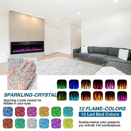 50 Inch Electric Fireplace Recessed and Wall Mounted, Fireplace Heater and Linear Fireplace, Ultra-Thin Electric Fireplace, Low Noise, with Timer, Remote Control, Adjustable 12 Flame Color, 750/1500W