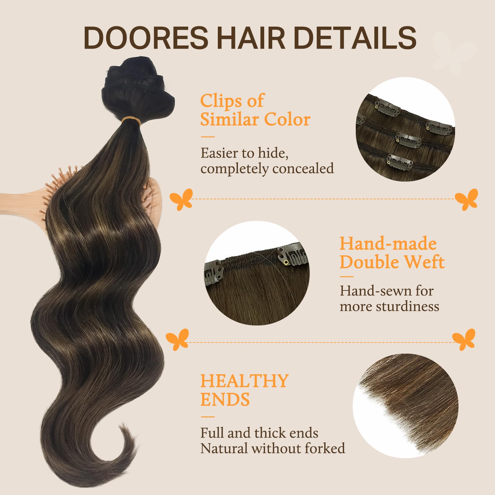 DOORES Balayage Dark Brown to Chestnut Brown Remy Clip-In Hair Extensions - 120g, 7pcs, 18 Inch