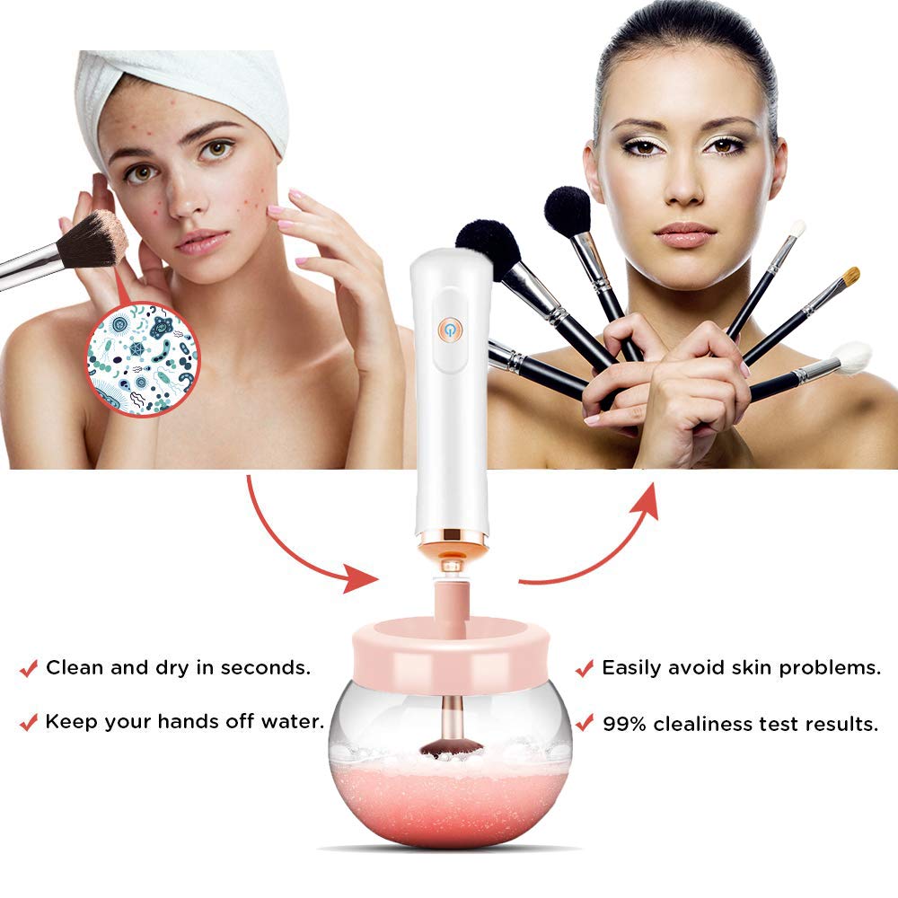 Makeup Brush Cleaner and Dryer Machine, YOYEWA Electric Cosmetic Automatic Brush Spinner with 8 Size Rubber Collars, Wash and Dry in Seconds, Deep Cleaner Solution Kit for Makeup Brushes