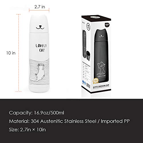 DIFFLIFE Cute Water Bottle For School, Vacuum Insulated Stainless Steel Thermos Mug,2019 New Cute Animals Insulation Bottle (White Cat) (YUNDA)