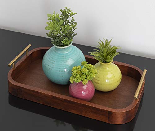 Kate and Laurel Lipton Mid-Century Rectangle Wood Tray, 10" x 18, Walnut Brown and Gold, Decorative Accent with Rounded Edges