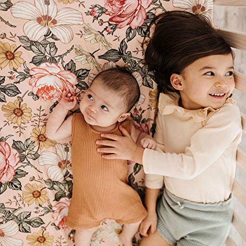 Fitted Crib Sheet - Garden Floral Pattern Design, Woven 100% Cotton (Rose Pink, Regular (28x52x9) in)