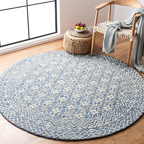 SAFAVIEH Blossom Collection Area Rug - 8' Round, Blue & Ivory, Handmade Wool, Ideal for High Traffic Areas in Living Room, Bedroom (BLM114M)