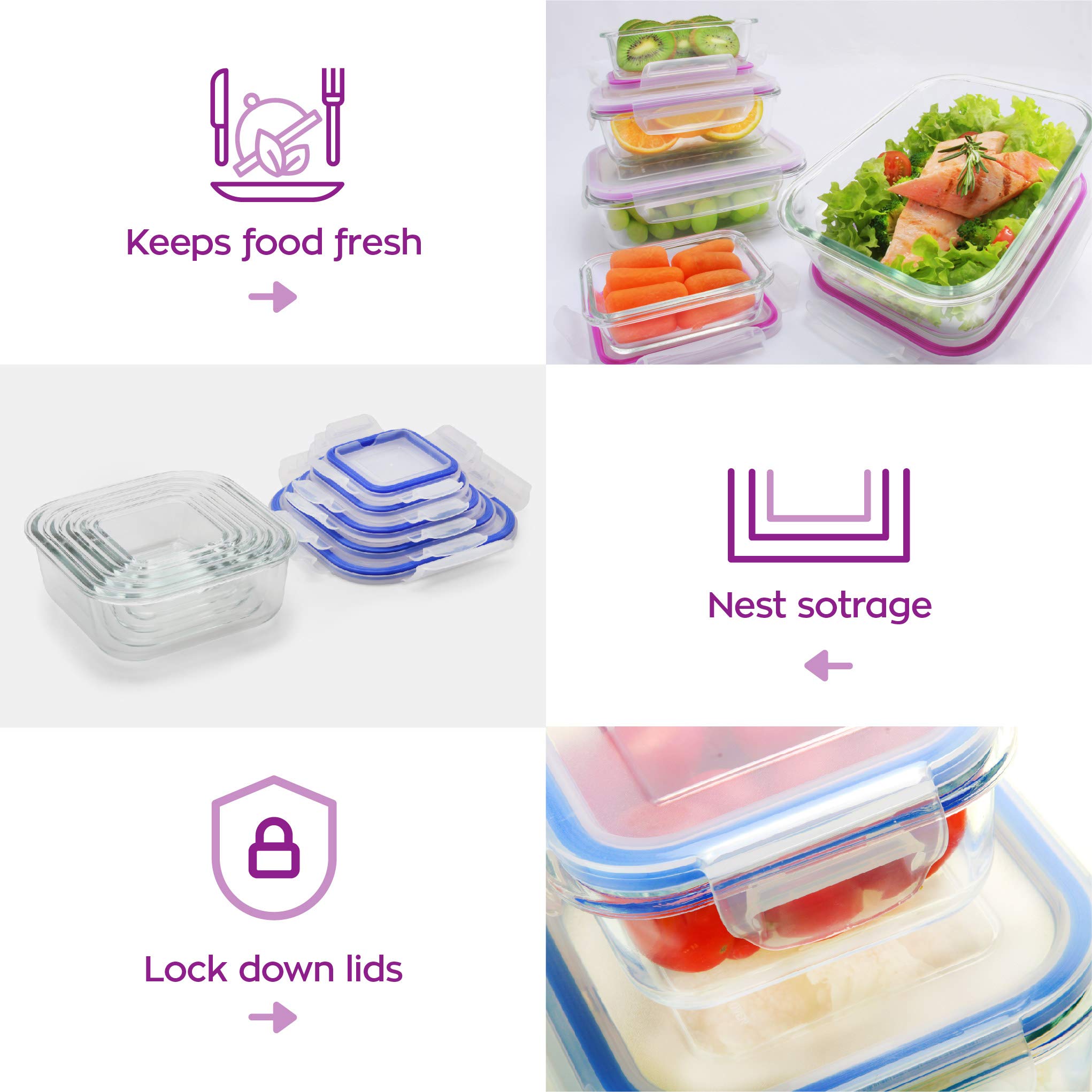 5 Pack Rectangular Heat Resistant Borosilicate Glass Airtight Containers with Lock Down Lids By Popit