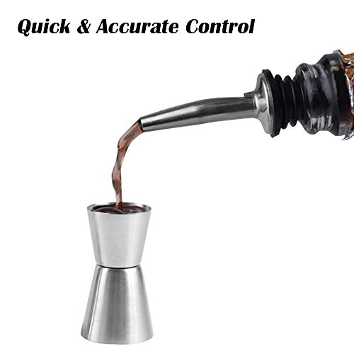 5 Pack Stainless Steel Liquor Pour Spouts Set & 2 Double Jiggers, SourceTon 5 Liquor Pour Spouts + 5 Dust Caps Covers + 2 Cleaning Brush + 2 Double Jiggers for cocktail making