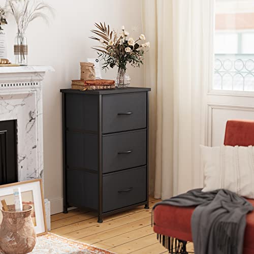 CubiCubi Dresser Nightstand for Bedroom with 3 Drawers, Small Storage Tower Organizer Unit for Closet, Office, Living Room, Hallway, Entryway, Fabric Drawers, Wood Board, Black Grey