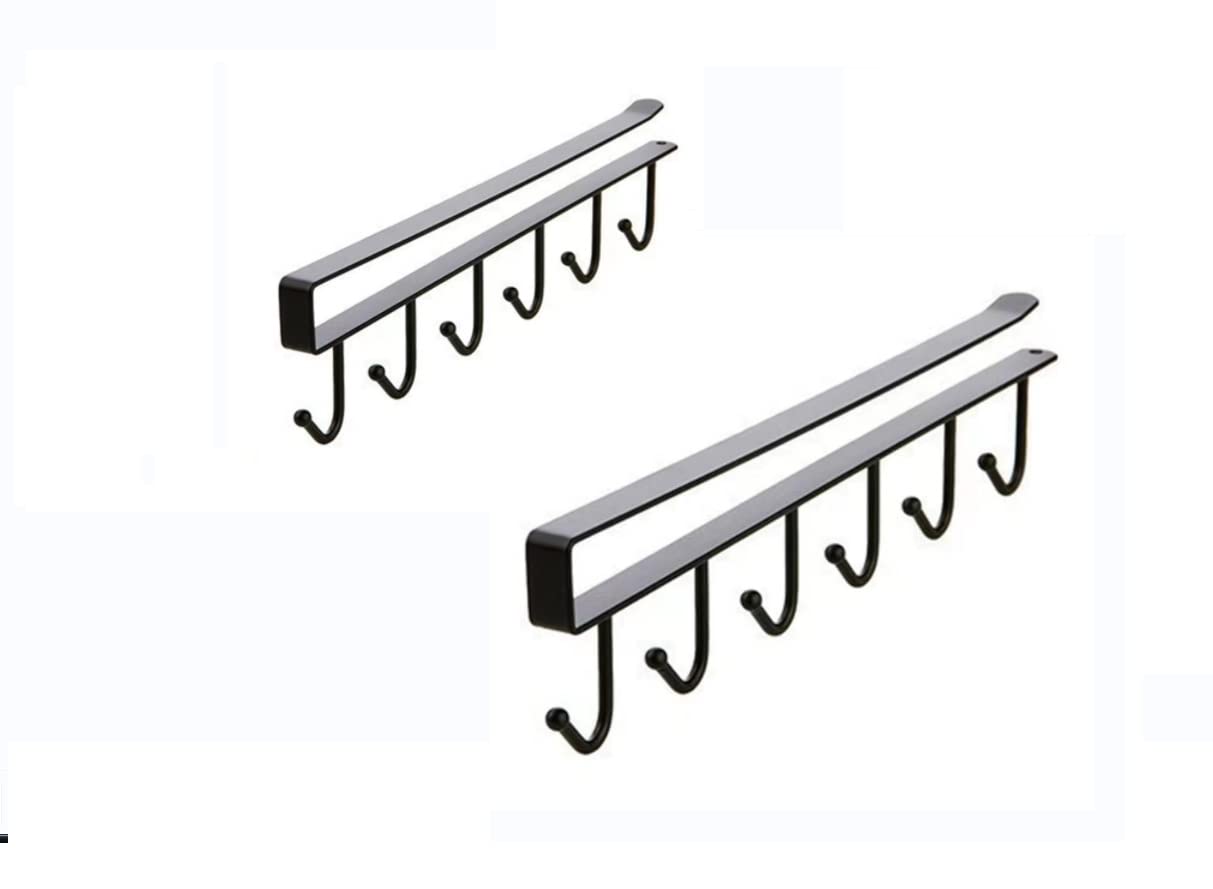 2pcs Multi-Hooks Under The Cabinet 6-Hook Hanging Hook Rack Kitchen Utensil Cupboard Hanger Chest Organizer Cup Holder for Coffee Bar, Fit for 0.8 Inch Thickness Shelf or Less, Nail Free (Black)
