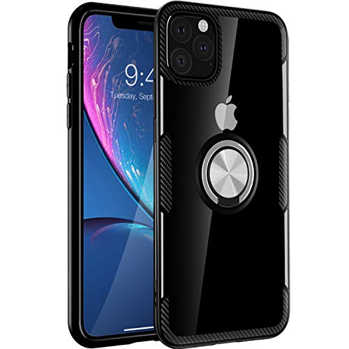 Designed for iPhone 11 Pro Max Case 6.5 inch, Carbon Fiber Design Clear Crystal Anti-Scratch Case with 360 Degree Rotation Ring Kickstand(Work with Magnetic Car Mount) for iPhone 11 Pro Max,Black