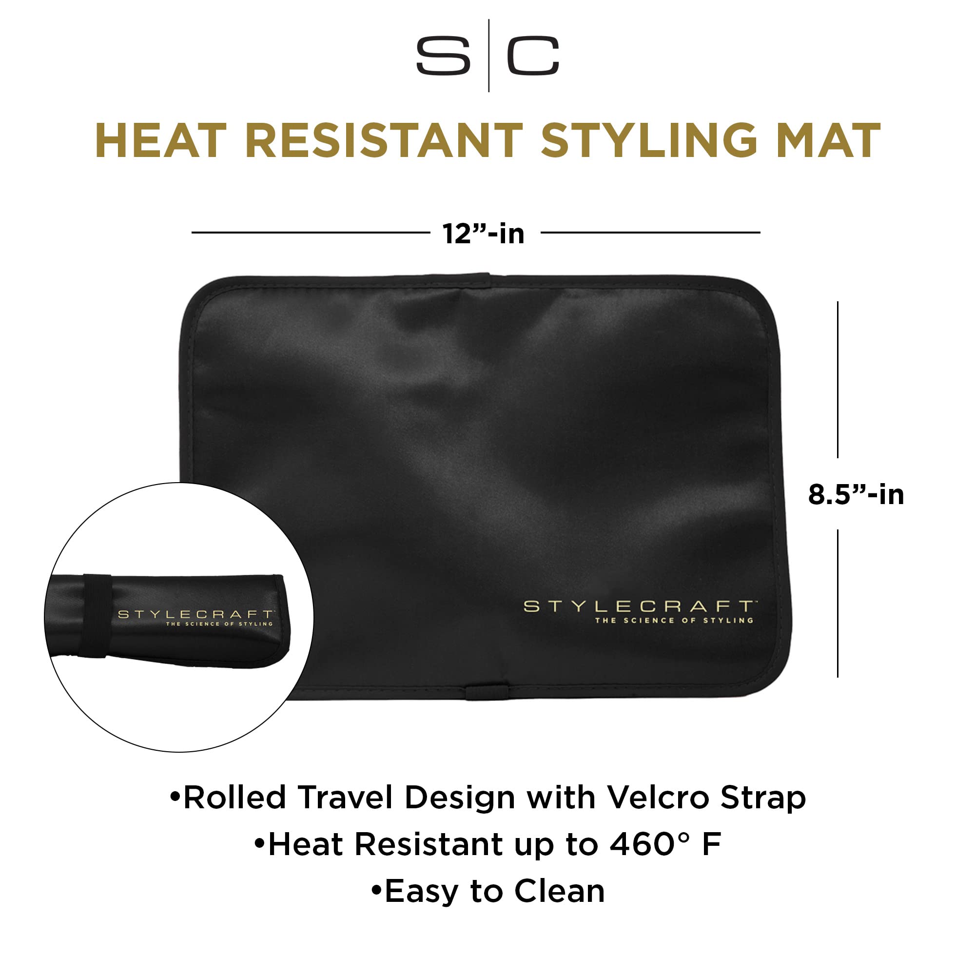 StyleCraft Heat Resistant Travel Mat & Pouch for Hot Styling Tools, Curling Iron, Curling or Flat Iron (Black) with Wrap Tie