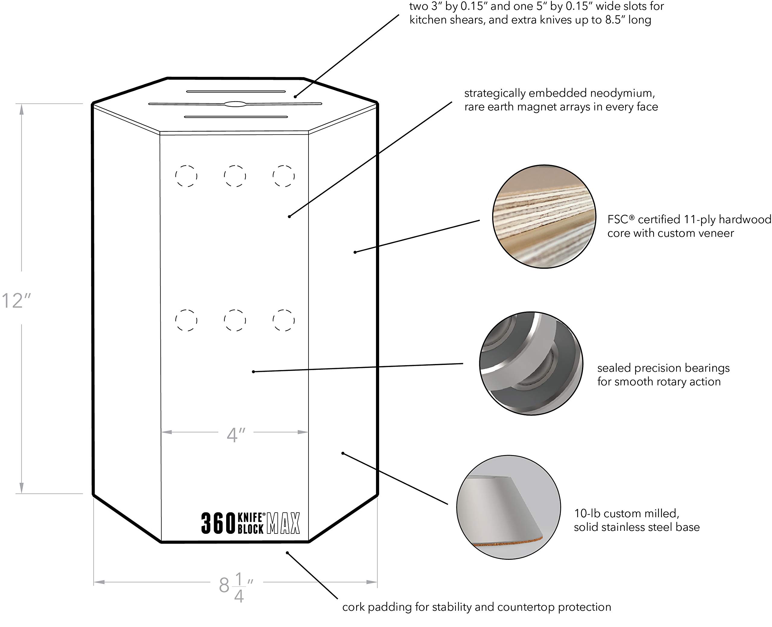 360 Knife Block MAX (Black) - magnetic, rotating, knife block - NOW holds 20+ knives w/top slots and 12" blade capacity