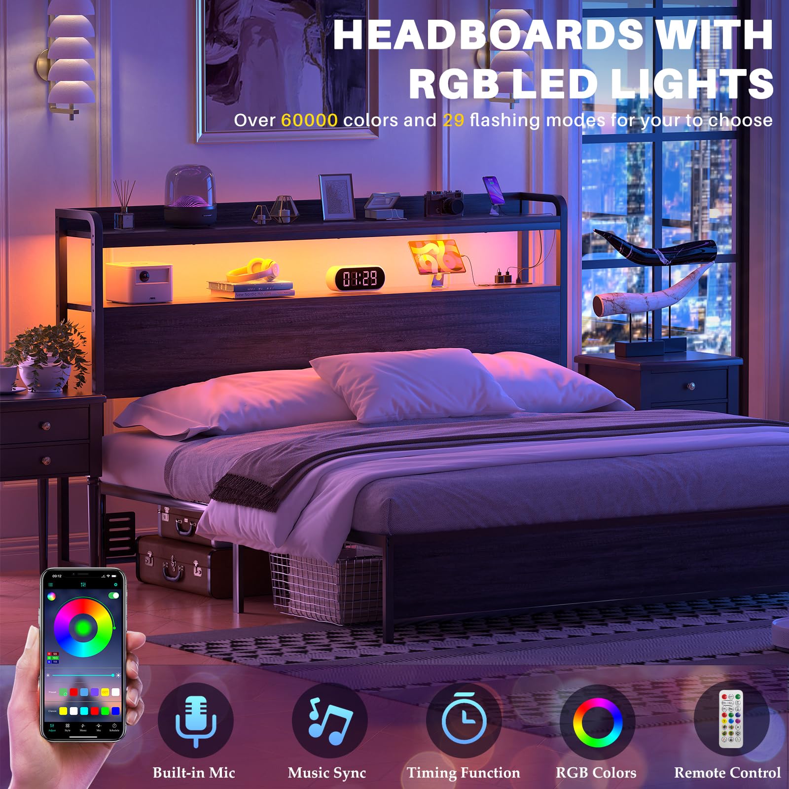 Aheaplus Headboard for Full Size Bed Frame, Headboards with Outlets, USB Ports and LED Light, Head Board with Storage, Height Adjustable, Sturdy and Stable Headboard, Full Size, Black Oak