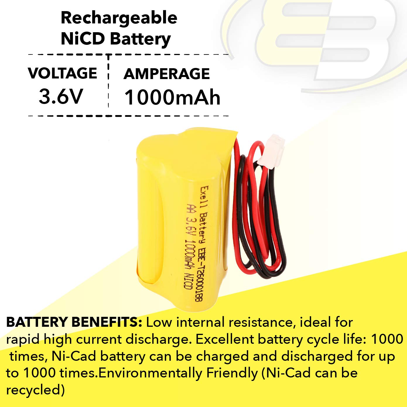 Exell 3.6V 1000mAh NiCD Emergency Light Battery Replaces LEDR-1 AA900MAH, Exitronix 10010037, Max Power B2-0031, MH468886, JYH 100715, Teig T26000188 Lowes 253799, OSA230, Unitech 6200RP