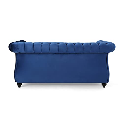 Christopher Knight Home Karen Traditional Chesterfield Loveseat Sofa, Navy Blue and Dark Brown, 61.75 x 33.75 x 27.75