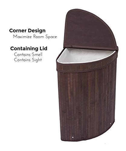 BIRDROCK HOME Corner Laundry Hamper with Lid and Cloth Liner - Bamboo - Espresso - Easily Transport Laundry Basket - Collapsible Hamper - String Handle