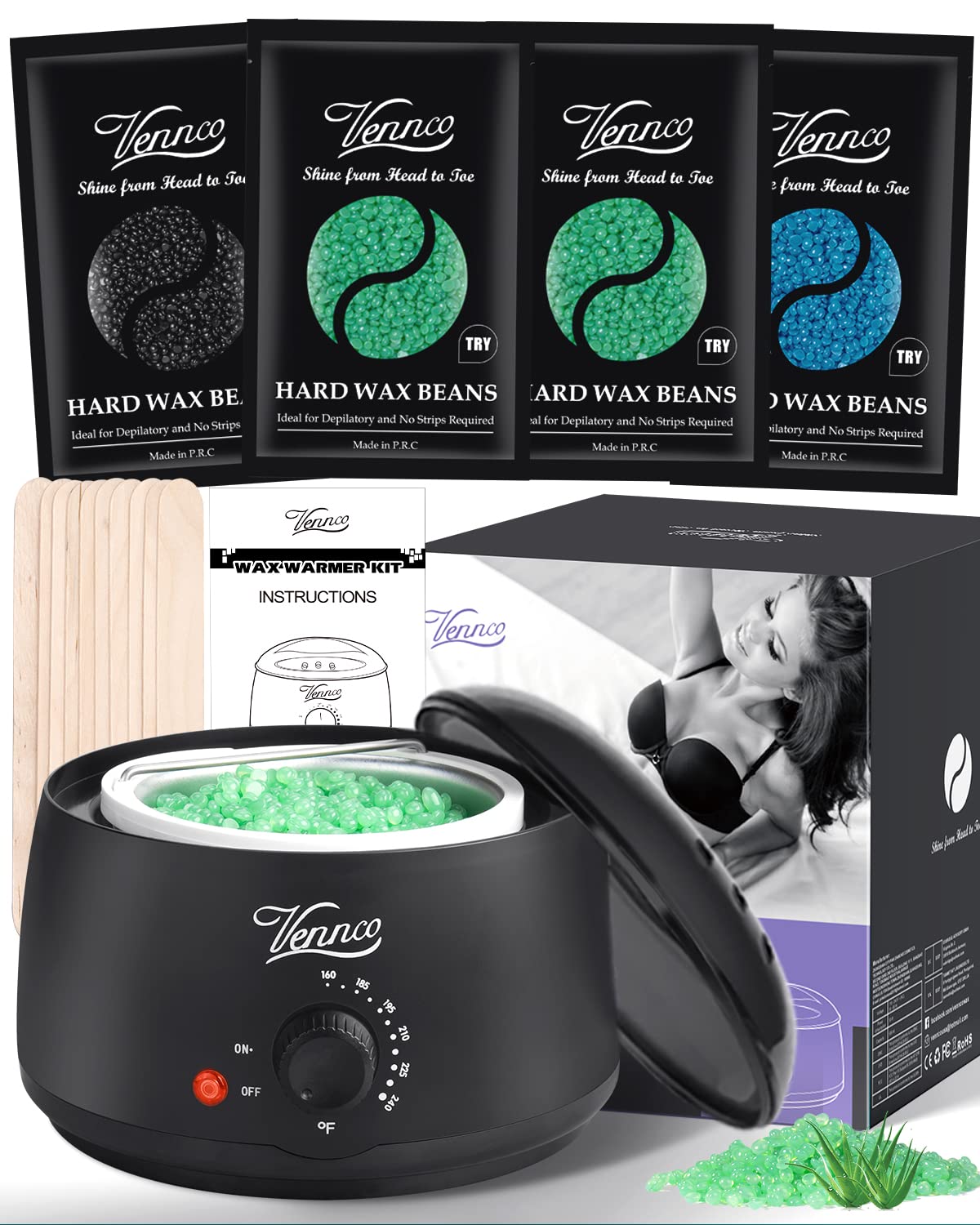 Vennco Waxing Kit, Wax Warmer Kit for Coarse Hair Removal, Hard Wax Kit with 14oz Wax Beads for Bikini Brazilian Legs Armpit Face Full Body for Women Man