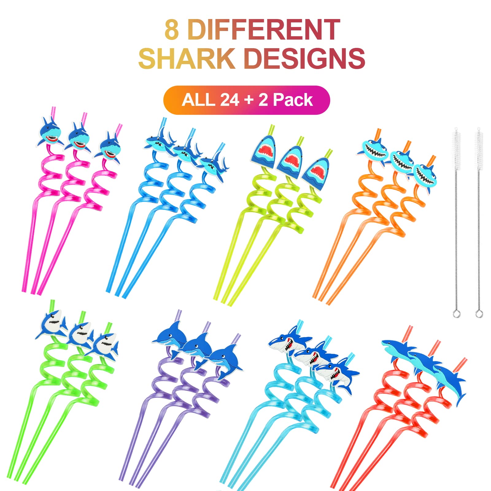 24 reusable shark straws and 2 cleaning brushes, Shark party supplies, birthday party gift decorations - set of 26