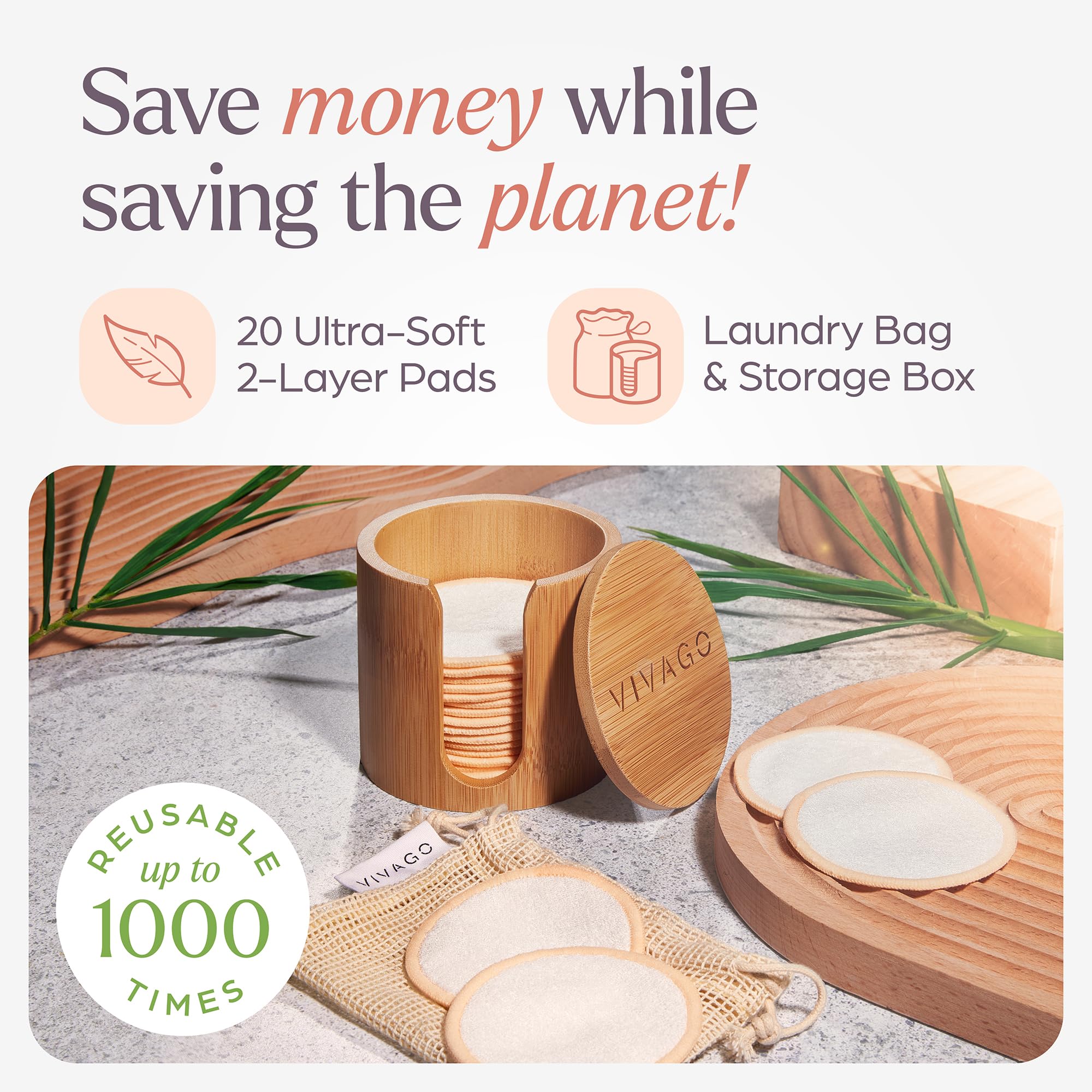 VIVAGO Reusable Cotton Rounds for Face - (20 Pack) Soft Reusable Makeup Remover Pads with Washable Drawstring Laundry Bag & Bamboo Holder - All Skin Type Skincare Set Facial Cleaning Cloth