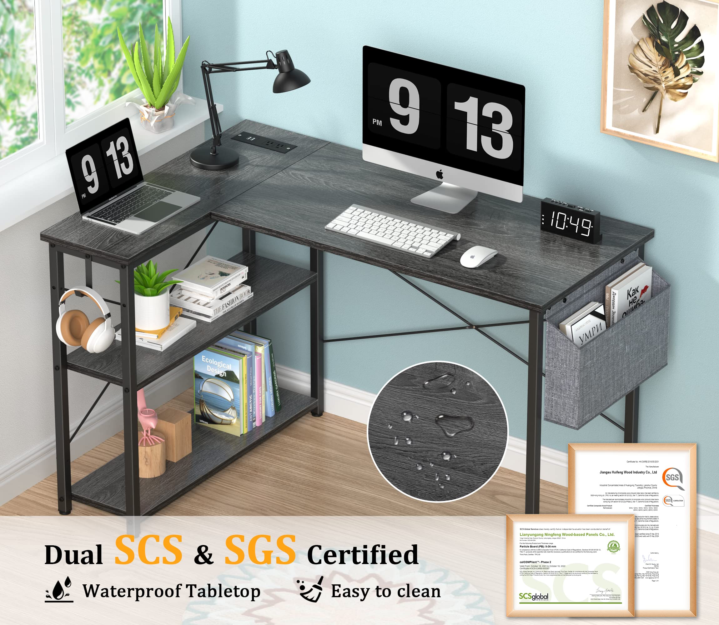 Mr IRONSTONE L Shaped Desk with Outlets & USB Ports, Reversible 47 Inch Office Desk, Corner Desk for Small Space, Home Office Desk with Storage Bag & Hook, Black Oak
