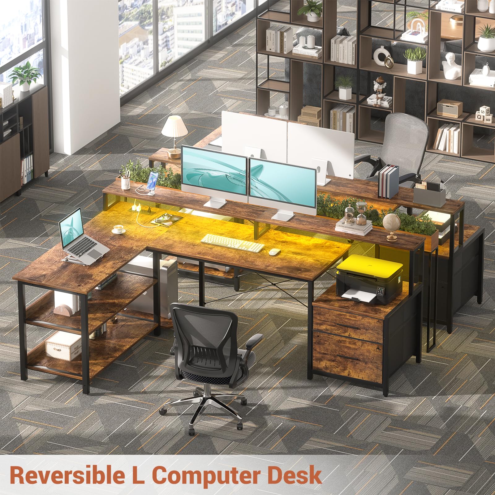 Aheaplus L Shaped Desk with File Drawer, 72.8" Reversible L Shaped Computer Desk with Power Outlet & LED Strip, Gaming Desk with Monitor Stand, Office Desk Corner Desk with Storage Shelf, Rustic Brown