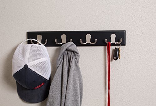 BirdRock Home Dual Hook Coat and Hat Rack - 4 Dual Hooks - 17 Inches - Wall Mount - Decorative Home Storage - Entryway Foyer Hallway Bathroom Bedroom Rail - Satin Nickel Hooks - Black Pine Bathroom Ra