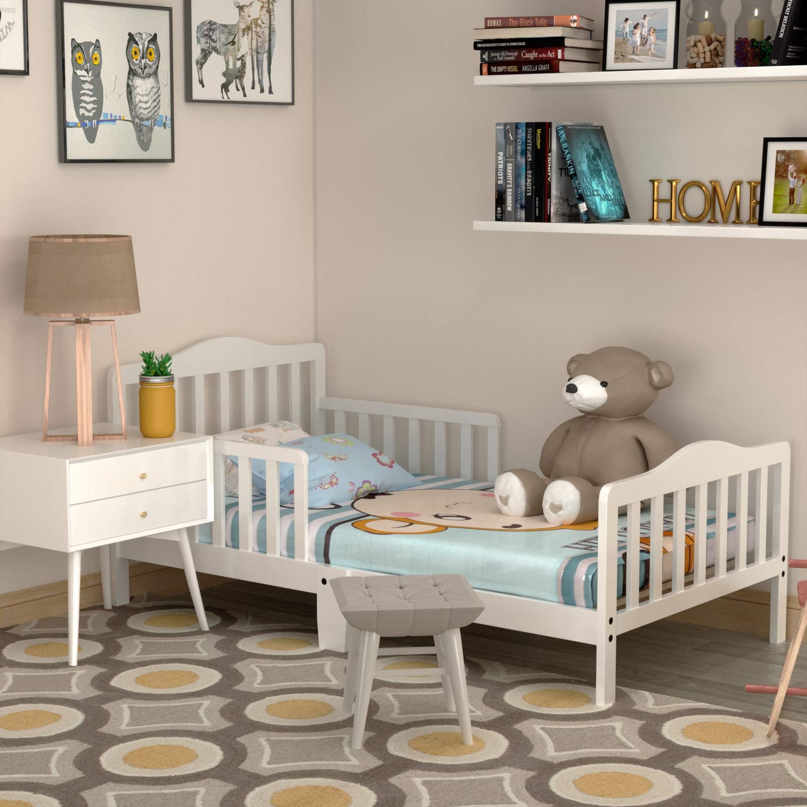 HONEY JOY Toddler Bed Frame, Solid Rubber Wood Frame w/Safety Guardrail, Fits Crib Full Size Mattress (Not Included), Children Classic Sleeping Bedroom Furniture for Kids Boys Girls (White)