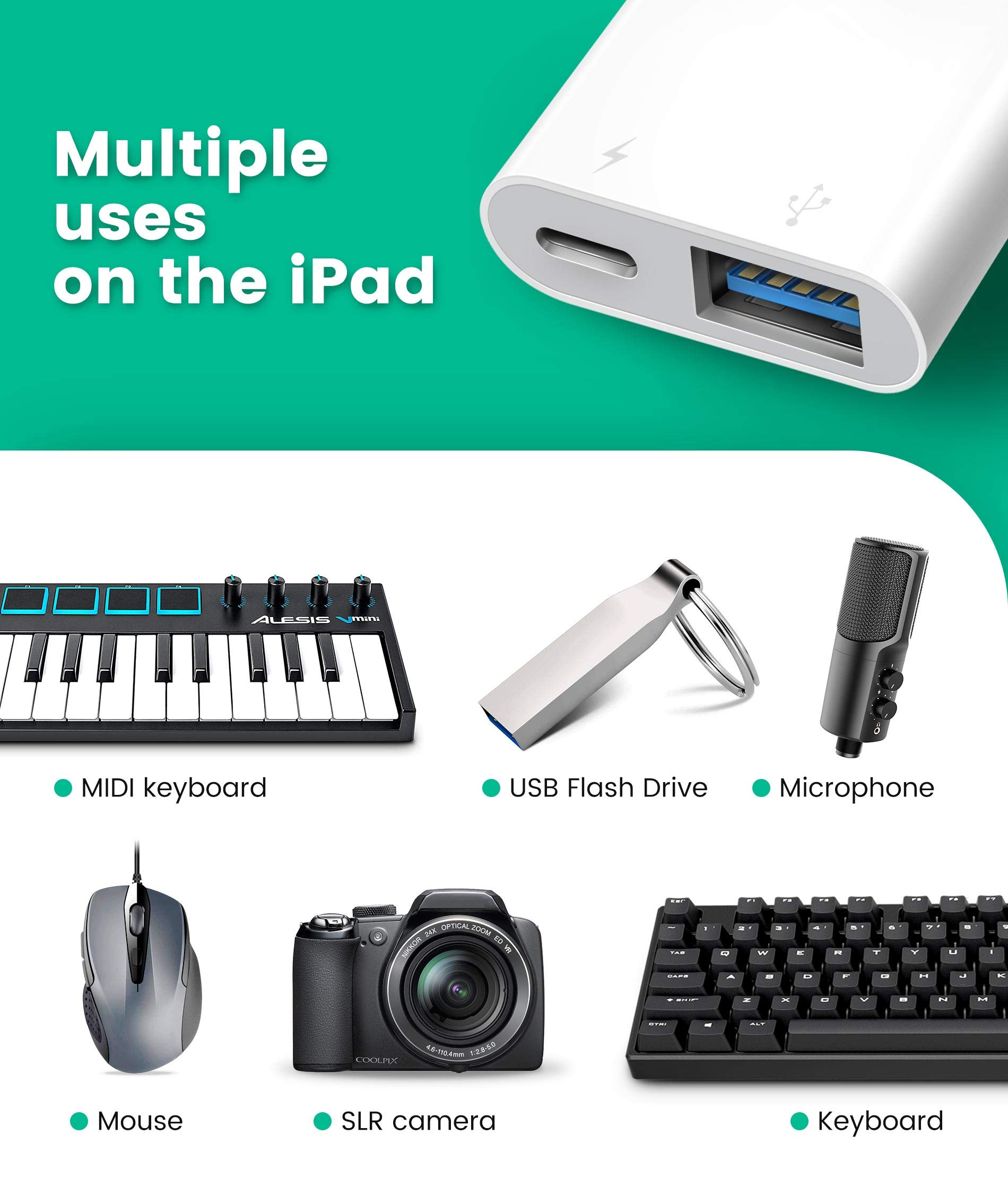 Fubiaofei USB Adapter for iPhone/iPad, LᎥghtnᎥng to USB Female OTG Adpater,USB3 to iPad Adapter with Charging Port,Supports FlashDrives,MIDI,SD Card Reader and Mouse,Plug&Play