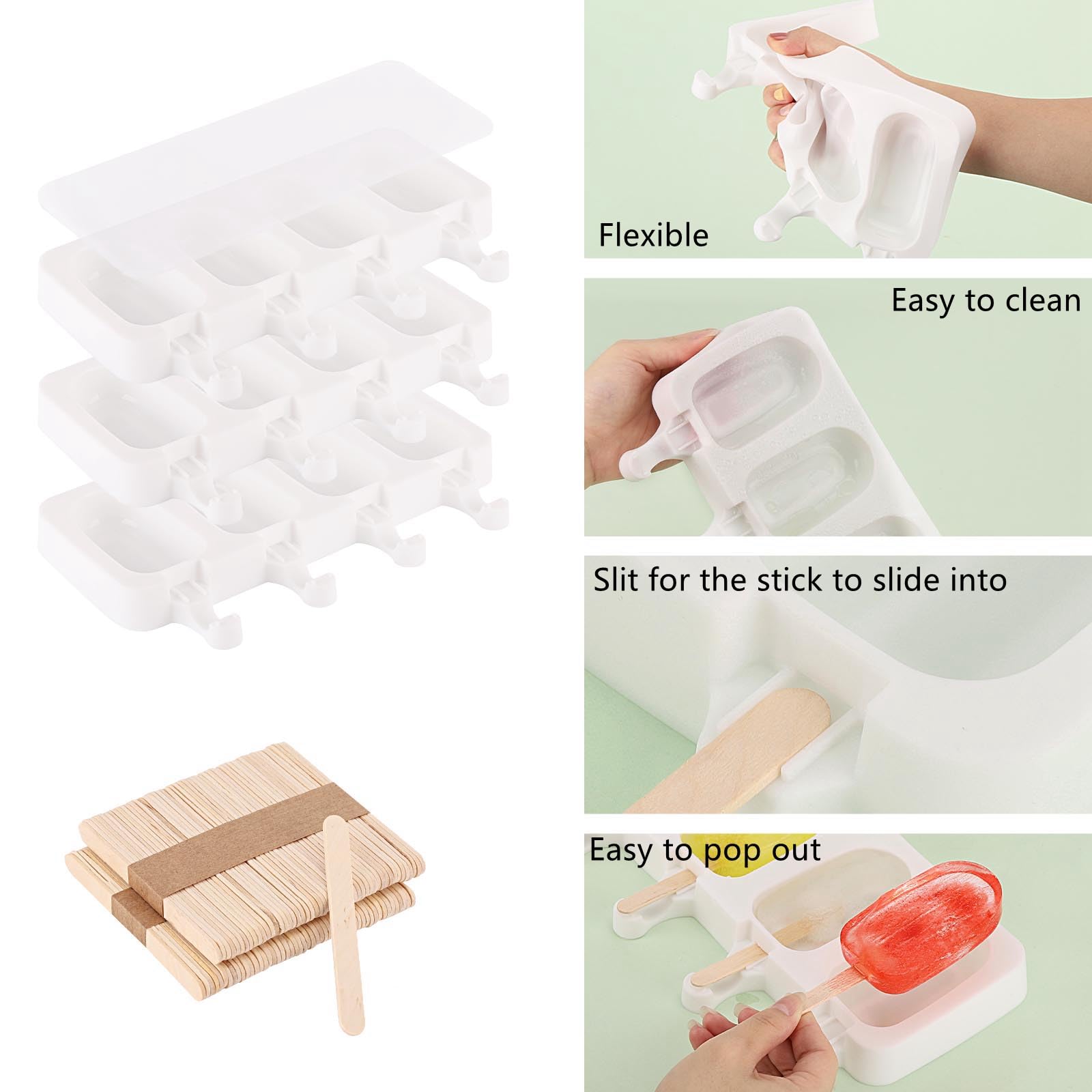 3 Set Popsicles Molds with Lids and 100 Pcs Wooden Popsicles Sticks, Standard Size 4 Cavities Silicone Ice Pop Molds for Making Cakesicles, Cake Pops, Ice Cream - BPA Free