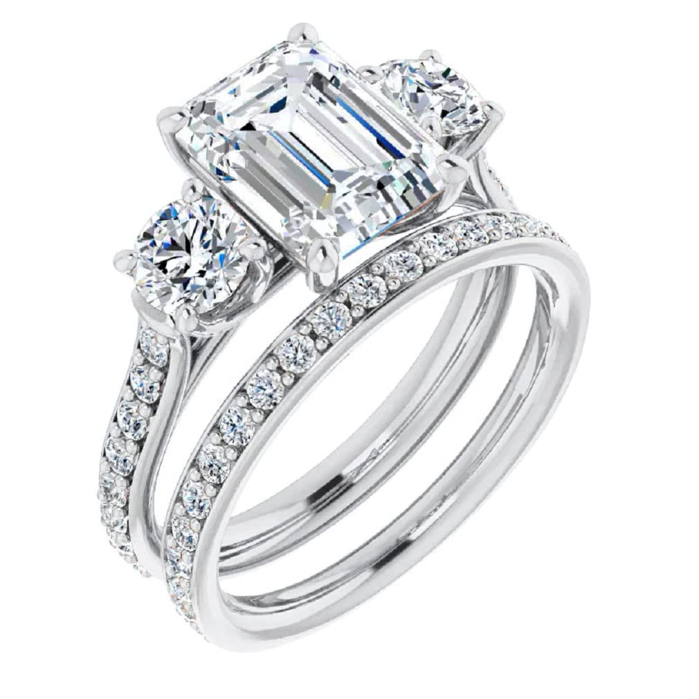 2 CT Emerald Cut Colorless Moissanite Engagement Ring Set Wedding Bridal Ring Set Solitaire 10k 14k 18k Rose/Yellow/White Gold Sterling Vintage Silver Promise Ring Anniversary Antique Gift(White Gold)