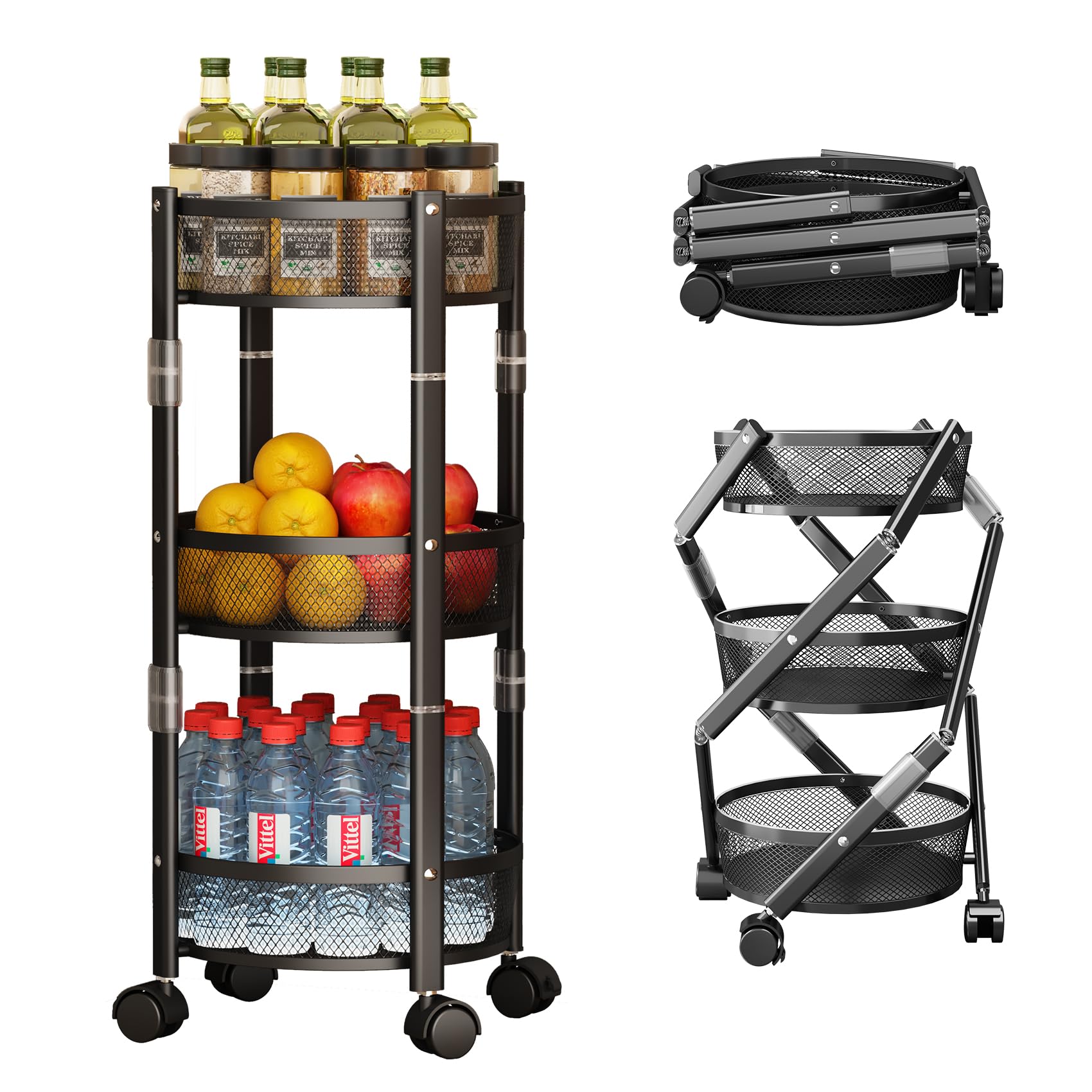3 Tier Rolling Utility Cart with Wheels - Folding Storage Round Organizer Rack, Collapsible Snack Craft Kitchen Cart